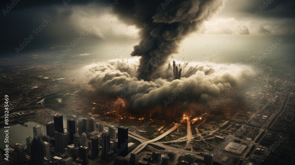 big explosion in the city. panorama of the urban landscape. nuclear ...