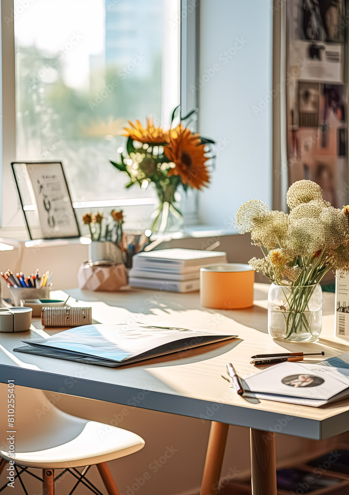 A desk with a vase of flowers and a pen and pencil on it. The flowers ...