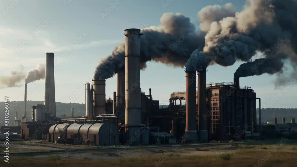 Chemical factory with smokey towers. Conceptual global warming with ...