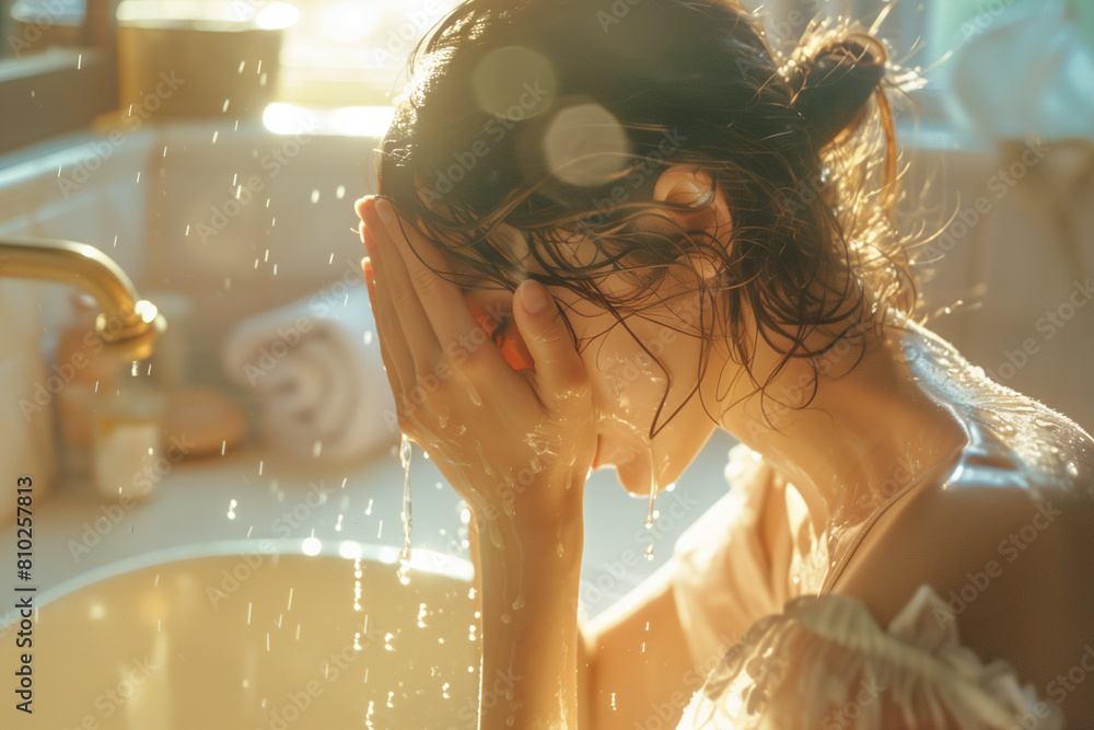 Upon waking, the North American woman approaches the sink, feeling the ...