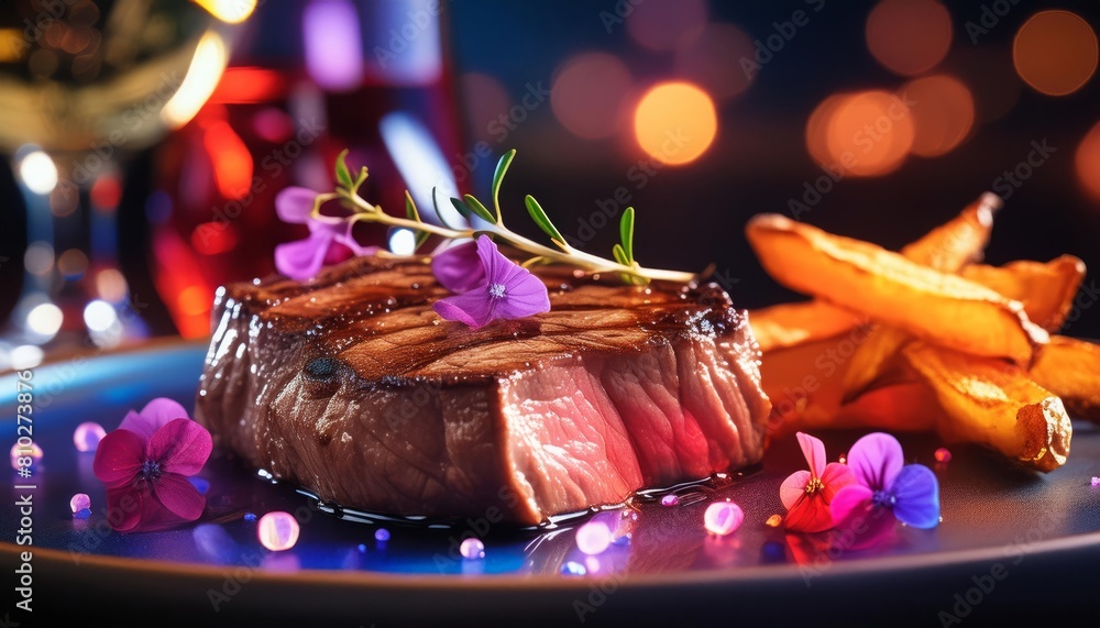 Luxurious steak dinner plated with vibrant edible flowers and fries ...