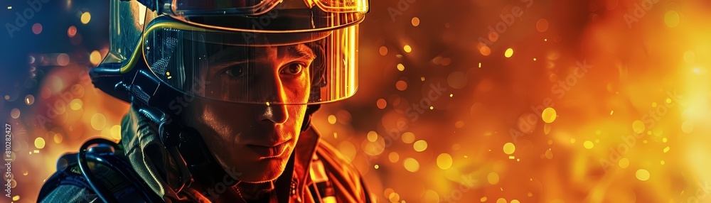 Portrait of a firefighter with Glow HUD big Icon of safety protocols ...