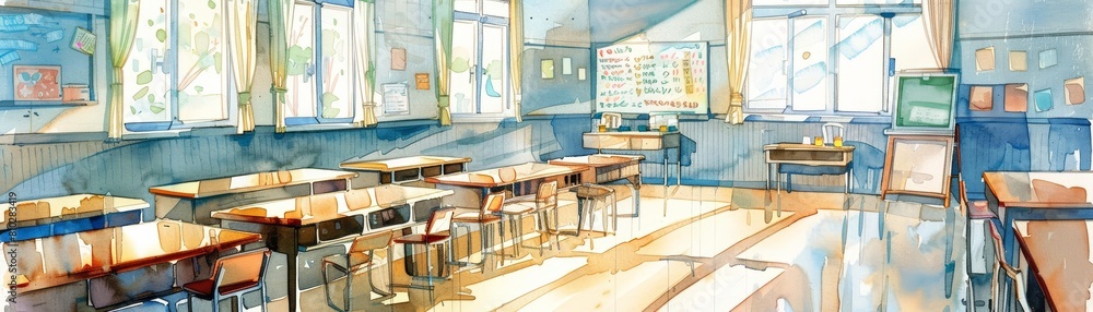 Watercolor of an educational classroom scene in Japan draw art styles ...