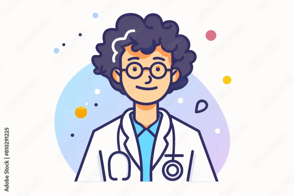 Cartoon doctor with curly hair, stethoscope, lab coat, and colorful ...