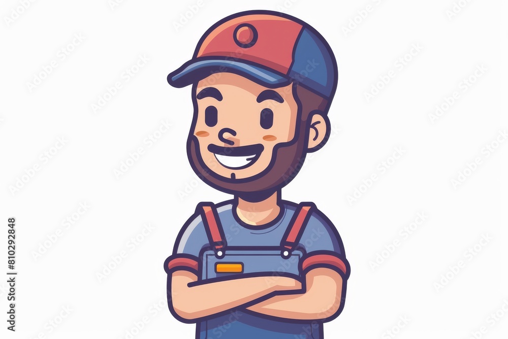 Vector cartoon of a cheerful, bearded handyman with a cap and overalls ...