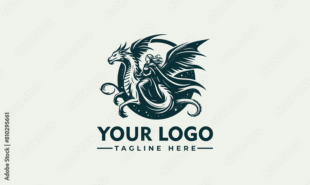 woman cloak riding dragon vector logo depicts a brave woman in a cloak ...
