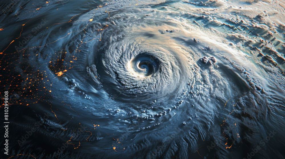 This image depicts a large, swirling water vortex at sea, creating a ...
