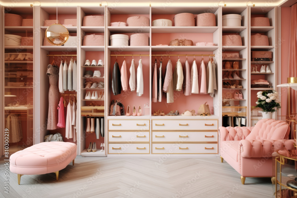 Pink and golden luxurious custom walk in closet with organized storage ...