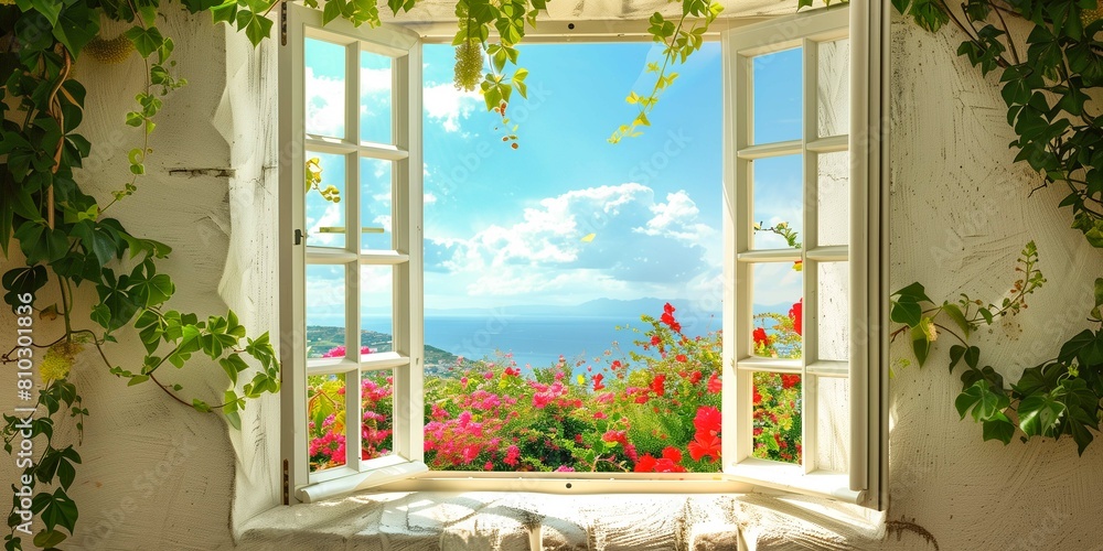 realistic sketch of a closed square window, curtains gently swaying ...