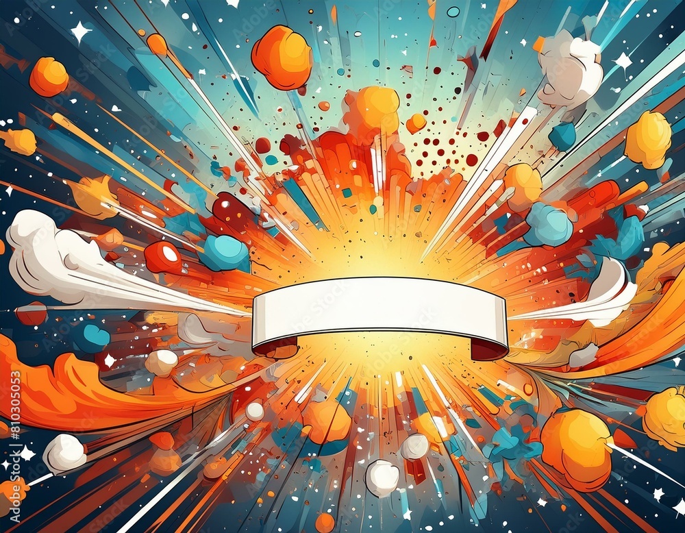 Colorful comic book style explosion illustration with a central banner ...