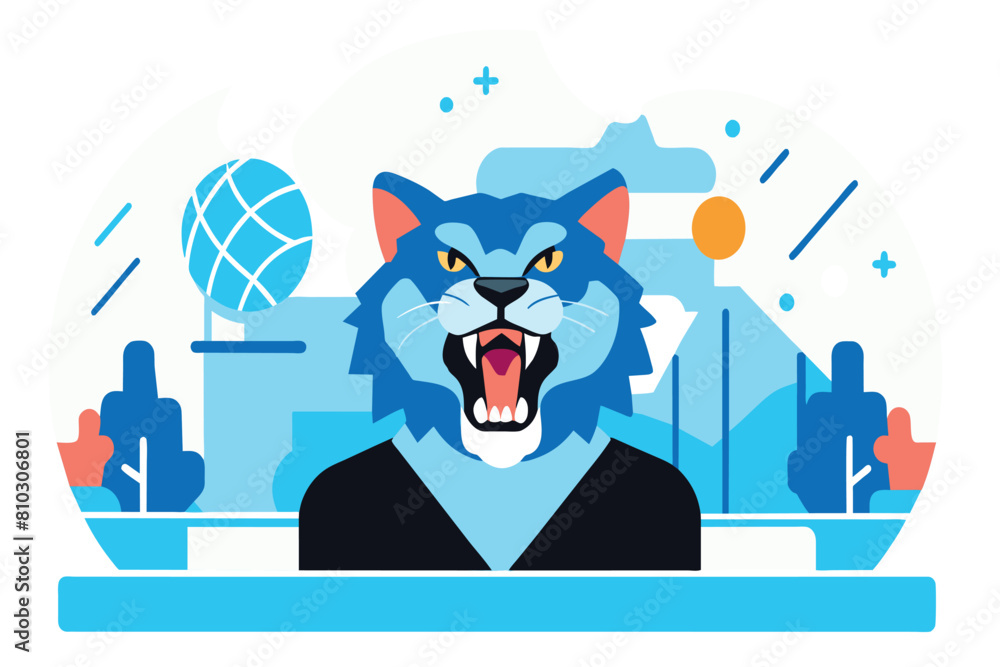 A blue wildcat mascot roaring with a stylized city background Stock ...