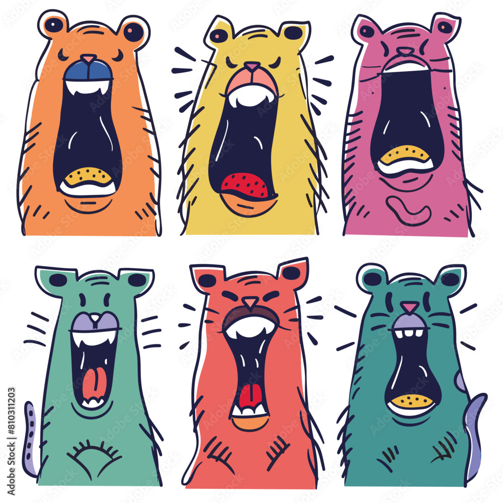 Colorful cartoon animals yawning food mouths, six humorous handdrawn ...