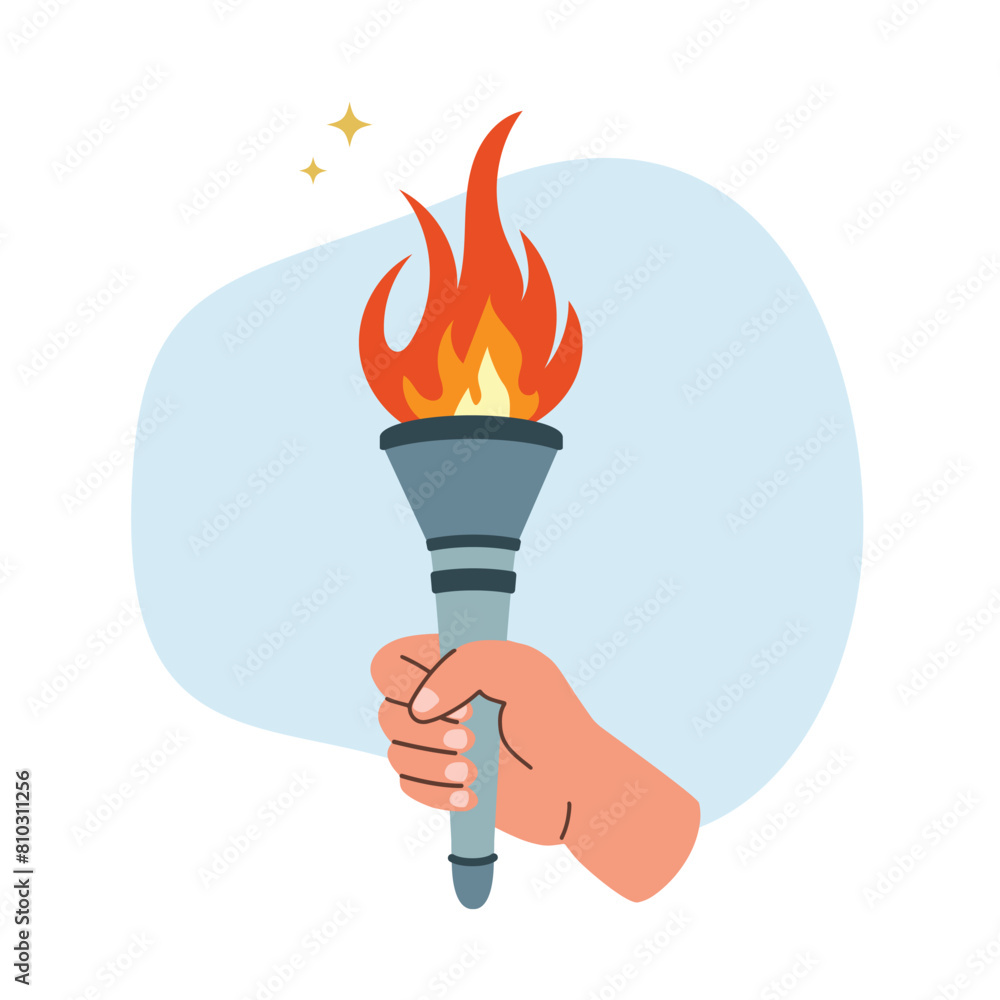 Burning torch flame in hand. Hand holding fire torch. The Olympic Flame ...