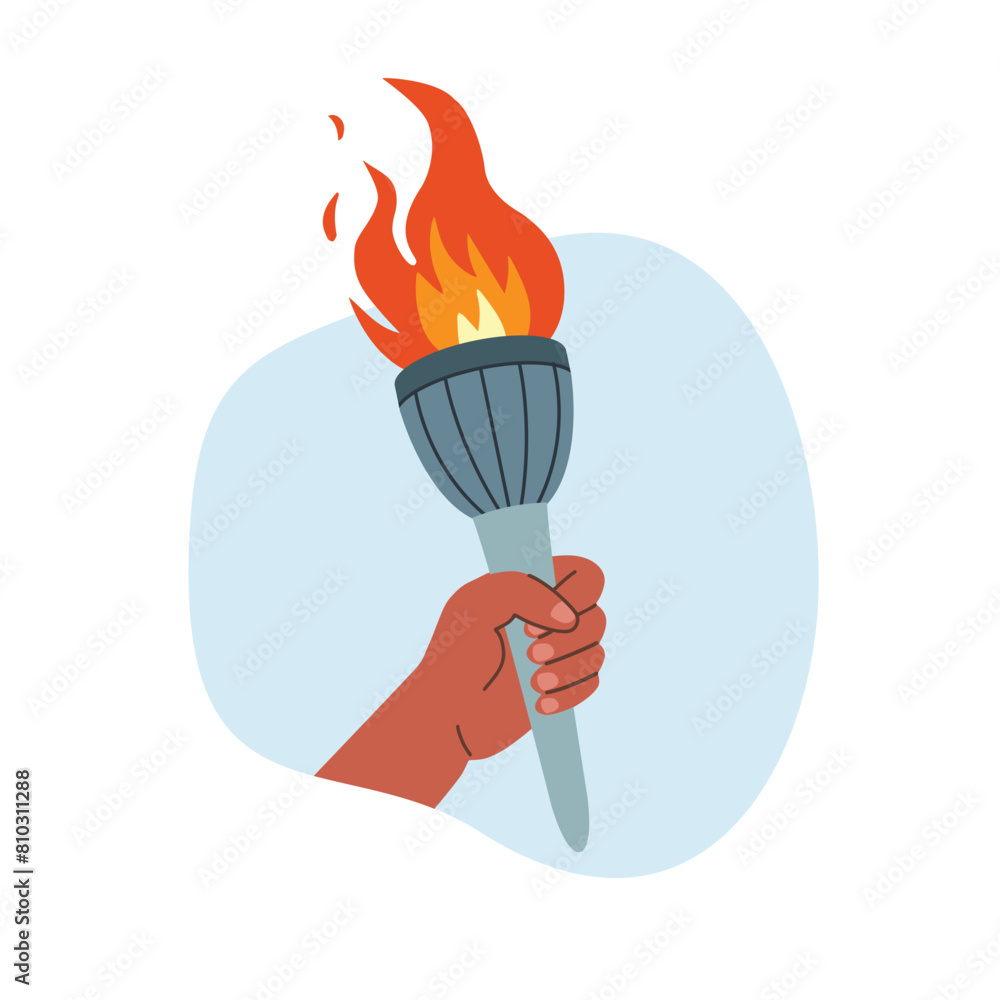 Burning torch flame in hand. Hand holding fire torch. The Olympic Flame ...