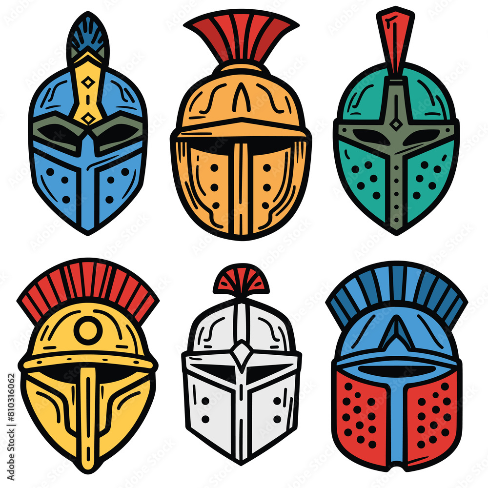 Six different medieval knight helmets illustrated vibrant colors ...