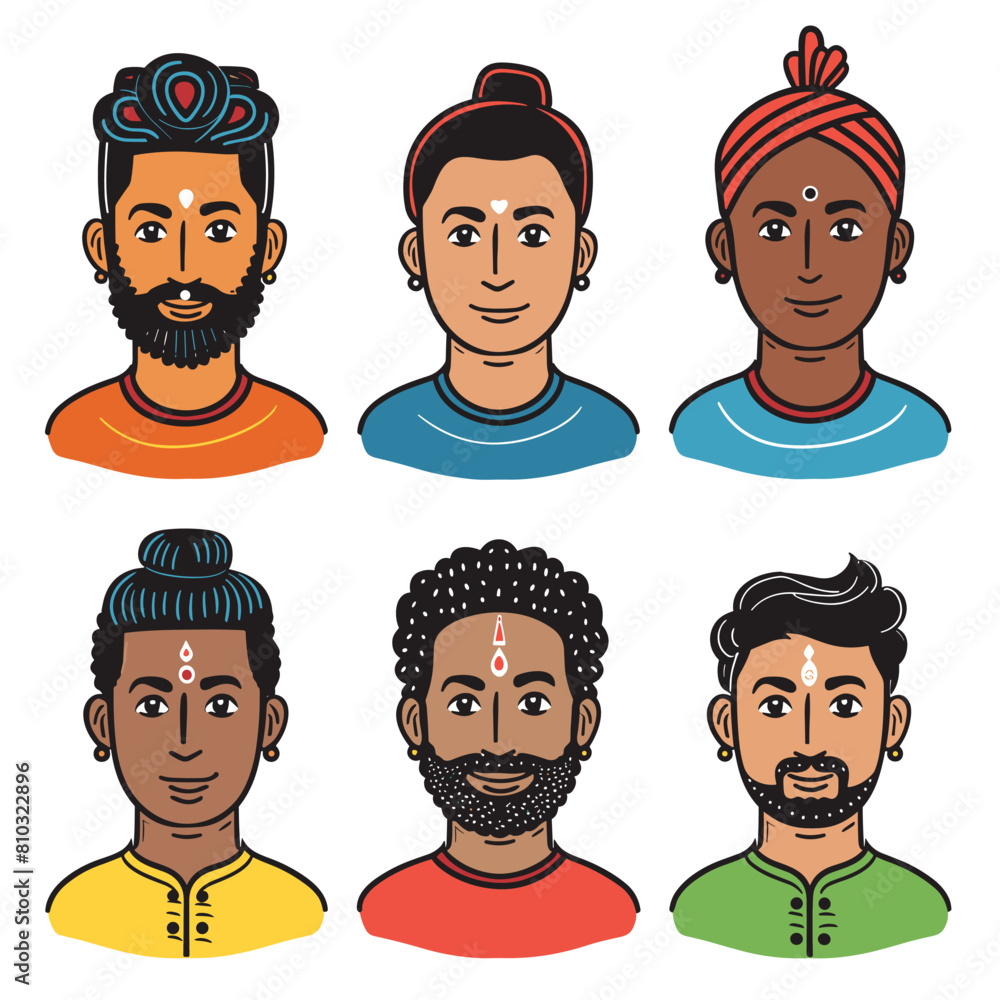Six diverse Indian men portraits, man wears traditional headgear, bindi ...