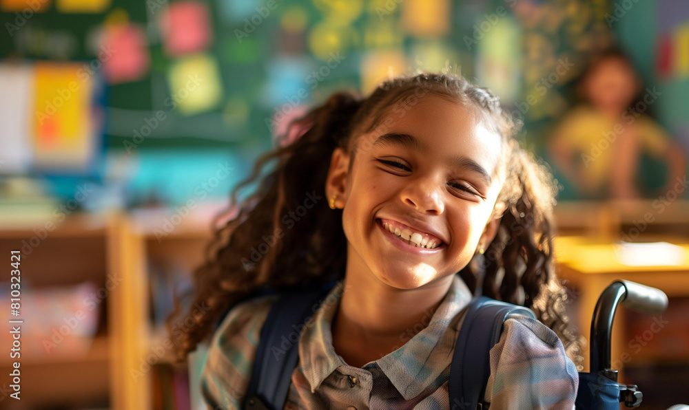 Happy disabled schoolgirl in wheelchair. Young girl with disability in ...