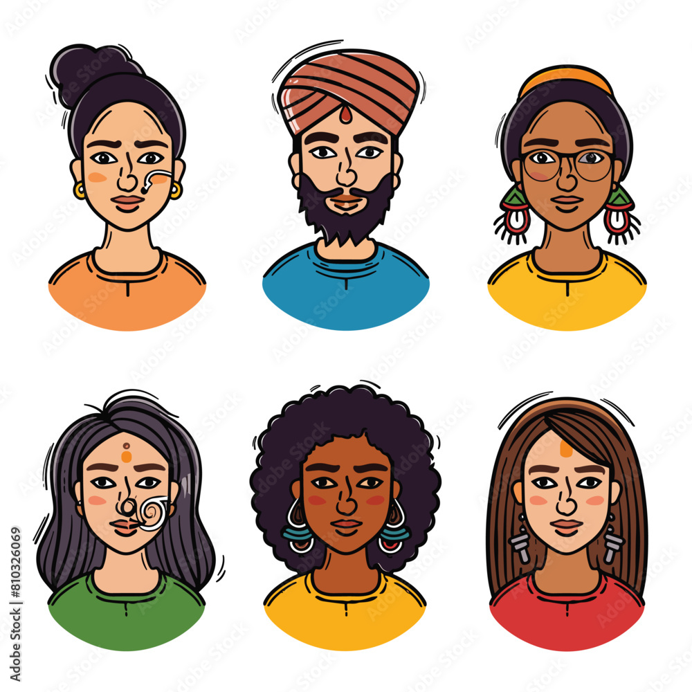 Set diverse cartoon faces, ethnic representation, colorful attire ...