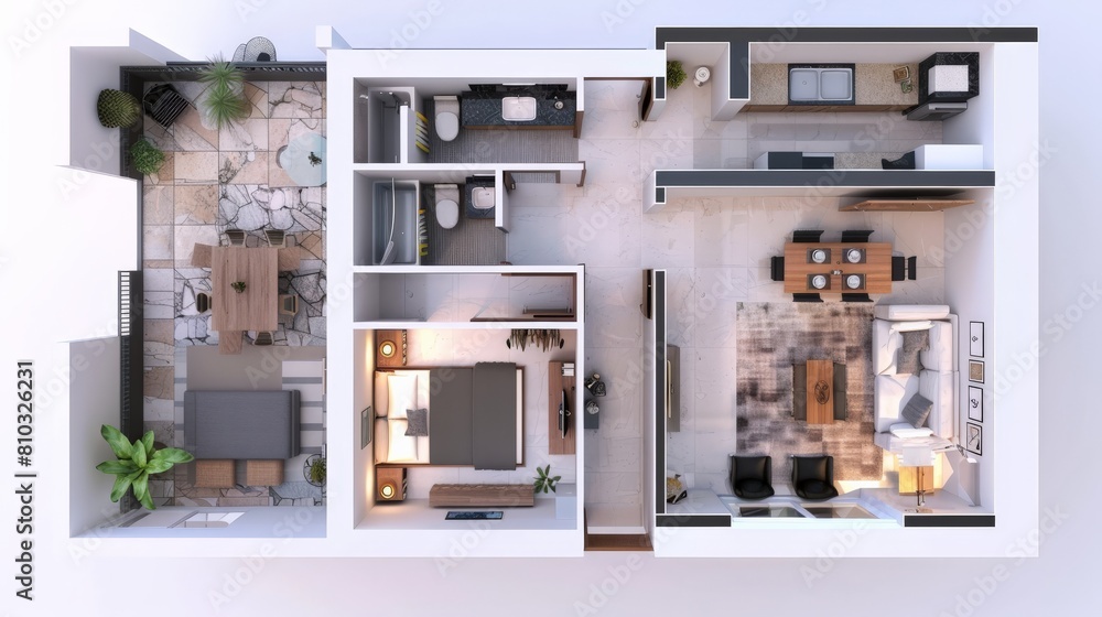 A floor plan of the apartment. The floor plan shows the layout of the ...