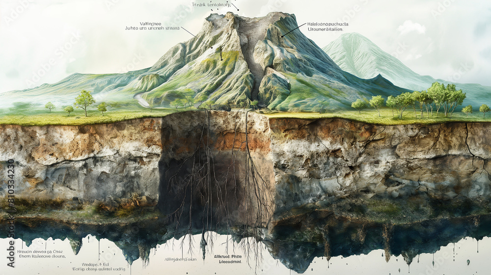 The illustration shows the anatomy of a volcano, with the magma chamber ...