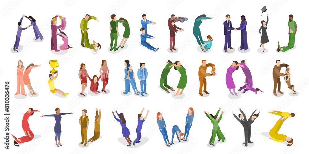 3D Isometric Flat Set of English Alphabet with People, ABC Letters ...