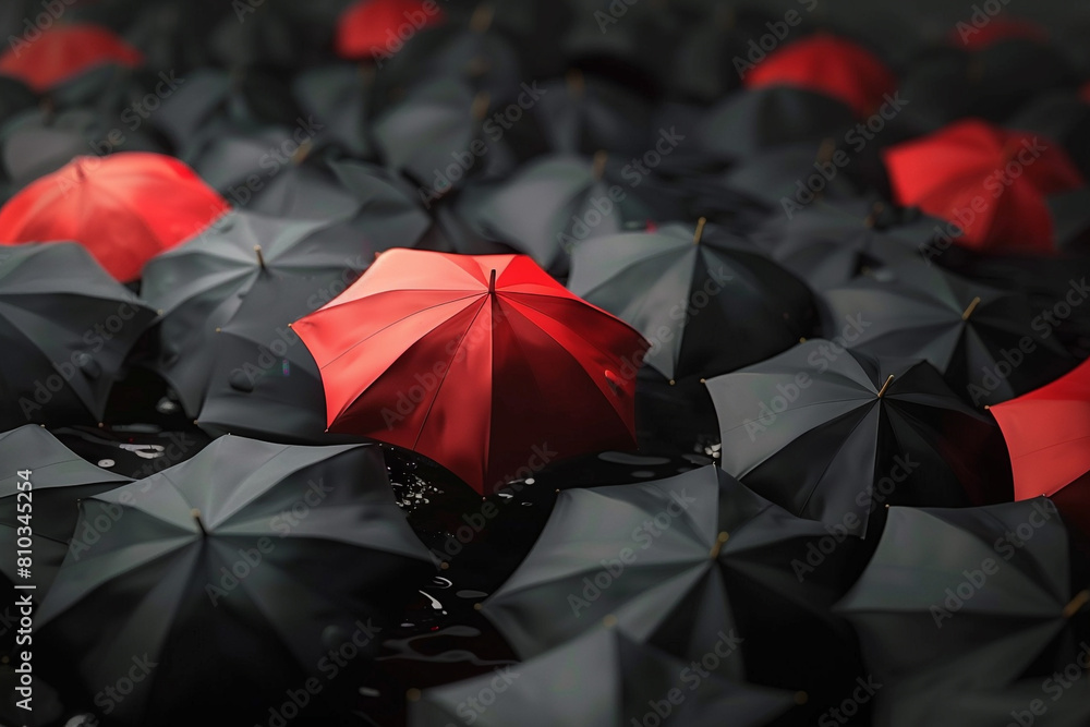 Leader in the Crowd Concept, Red Umbrella Sneaks Up Against the Flow of ...