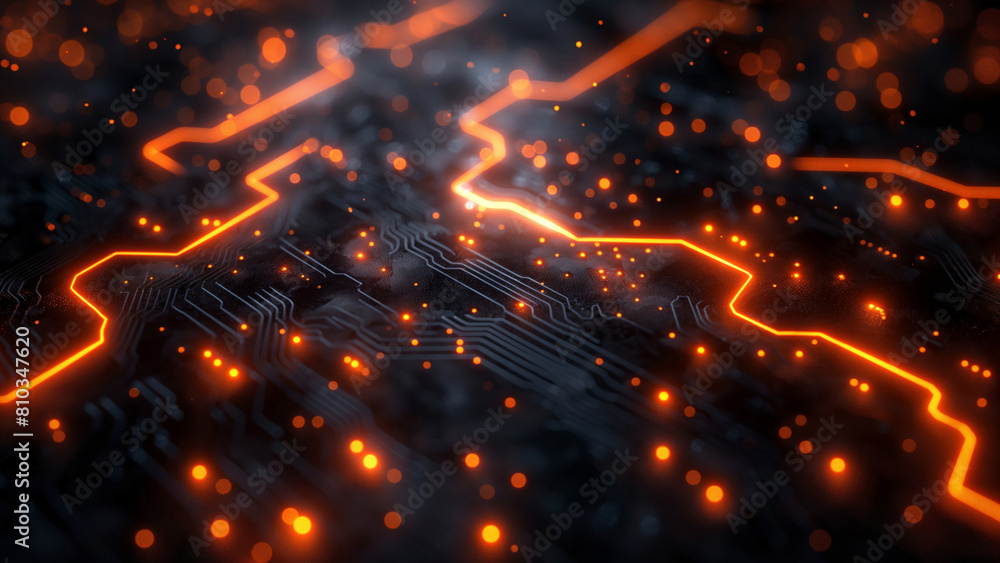 Glowing orange circuits on a dark electronic motherboard. High ...