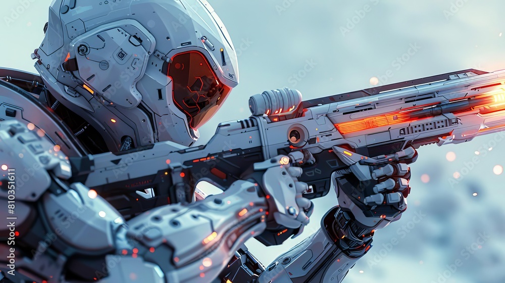 Design a futuristic side view warrior in a sleek, metallic exosuit with ...