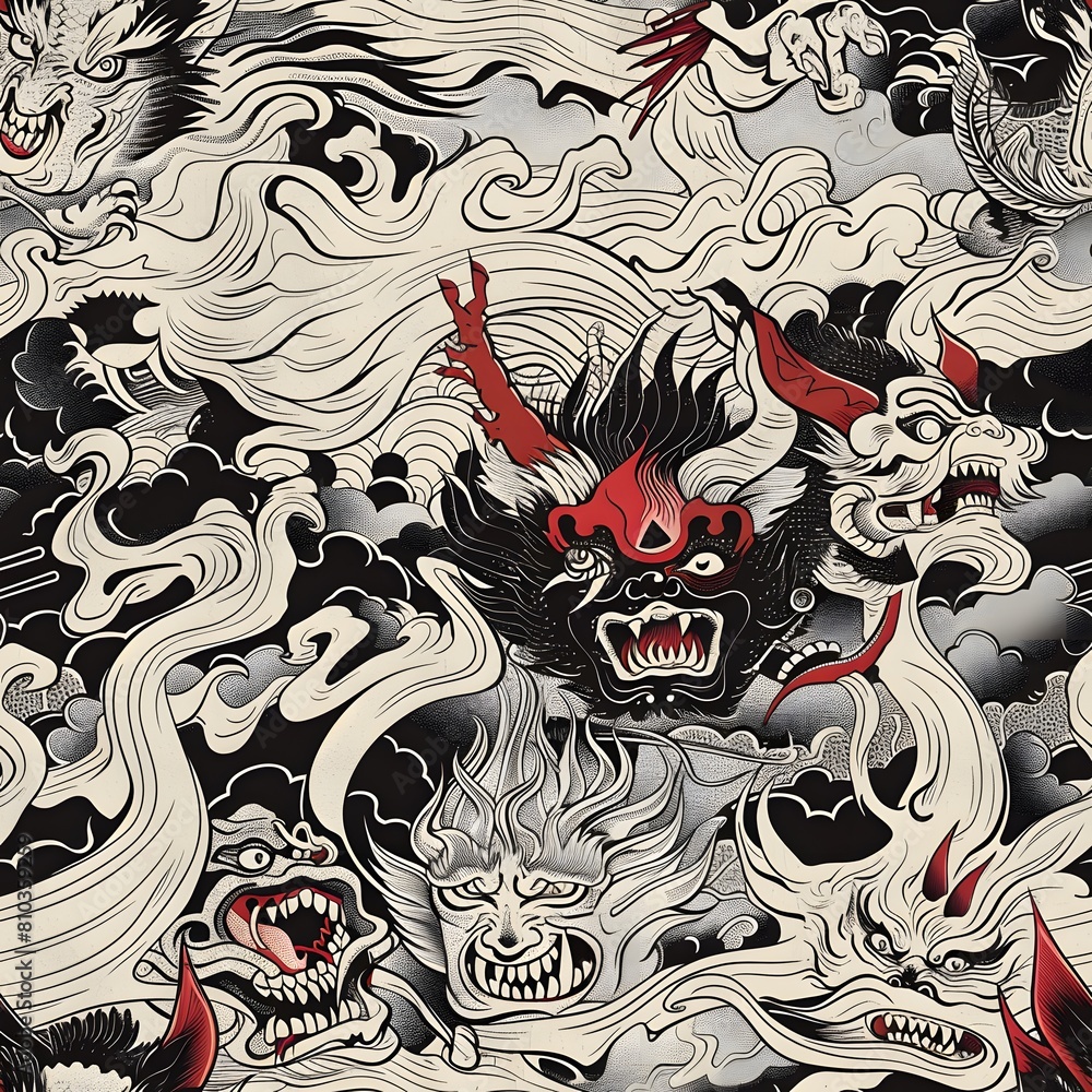 seamless pattern of Japanese ukiyo-e hand drawing illustration of yokai ...