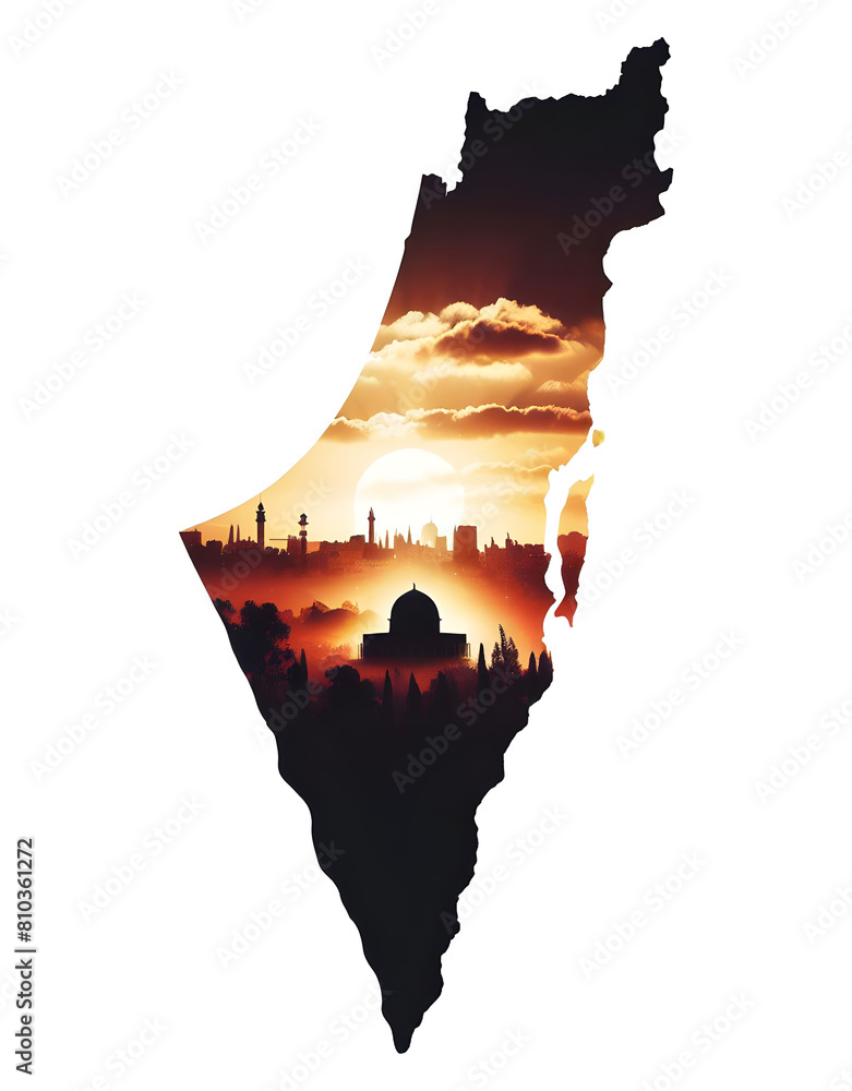 Silhouette of a Palestine map with a sunset in the background and ...