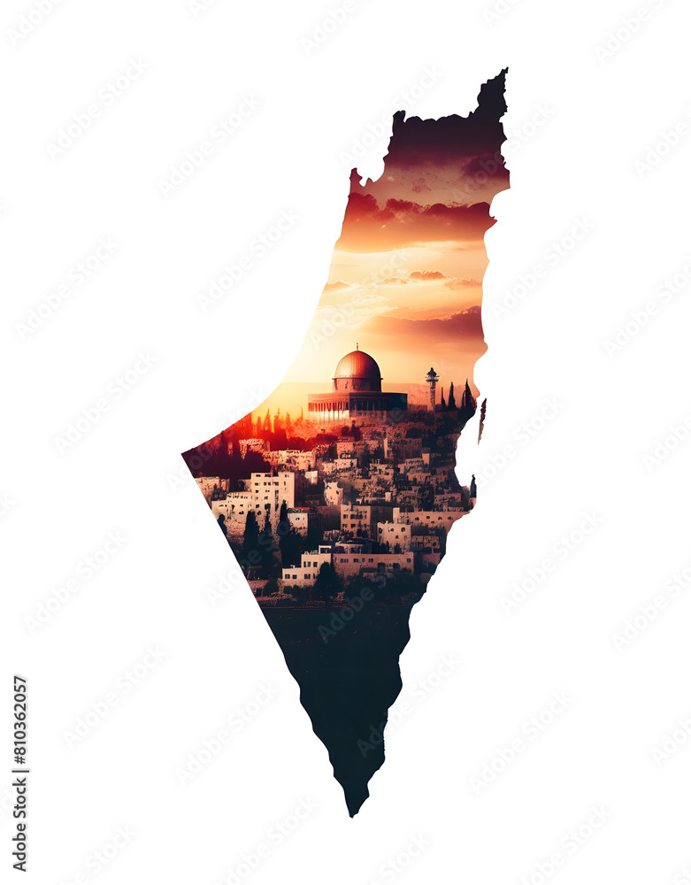 Silhouette of a Palestine map with a sunset in the background and ...