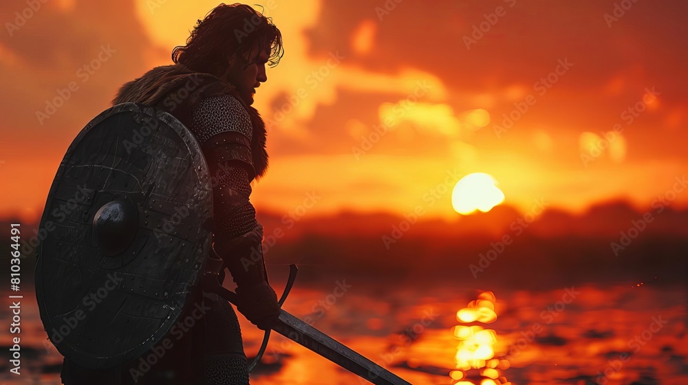 Illustrate a traditional side view warrior wielding a sword, clad in ...