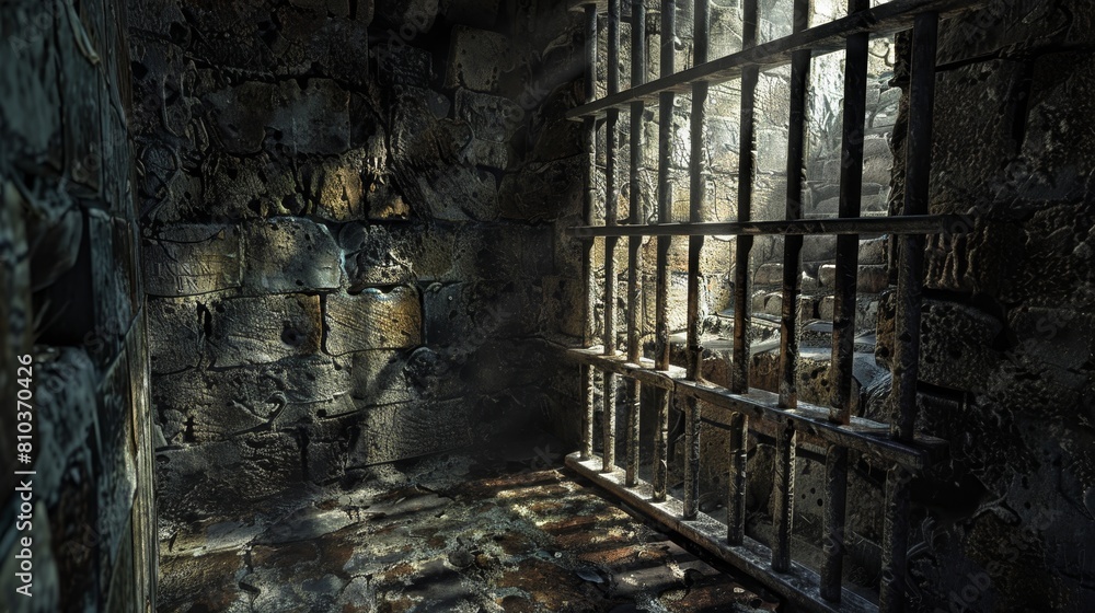 Close-up of medieval dungeon jail cells, with shadows revealing the ...