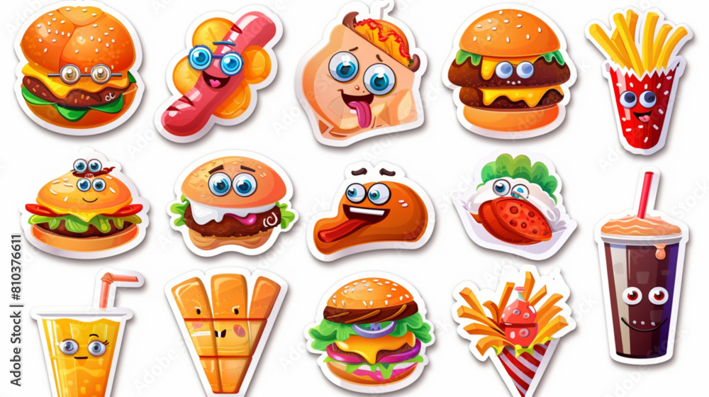 Cartoon fast food stickers. Retro comic cards and label with hot dog ...