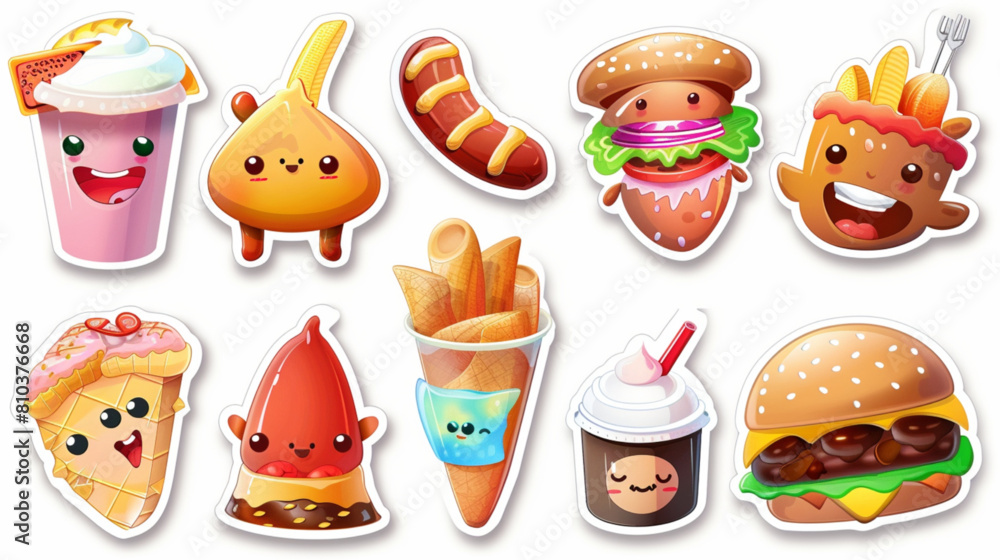Cartoon fast food stickers. Retro comic cards and label with hot dog ...