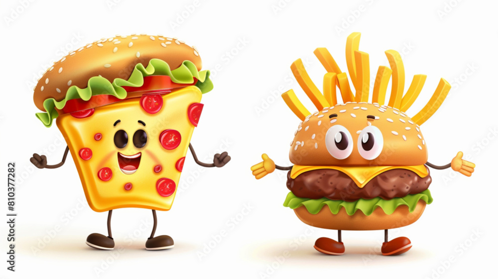 Cartoon food pair. Comic retro fun fast food characters, vintage 70 ...