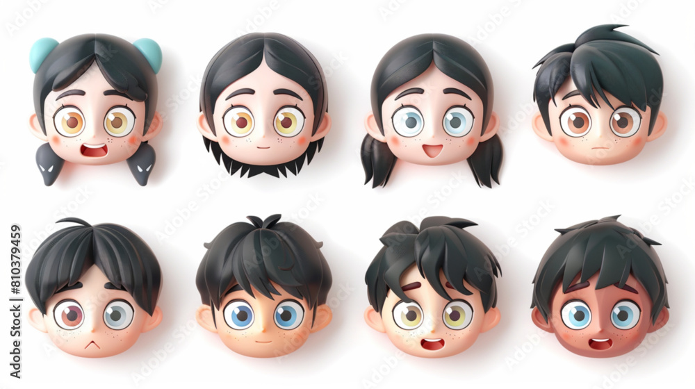 Cartoon kawaii face. Cute japanese anime character faces, eyes and ...