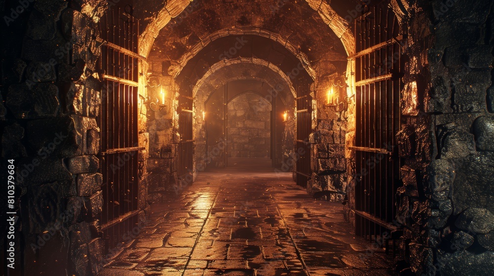 High-detail 3D illustration of a medieval dungeon with carved stone ...