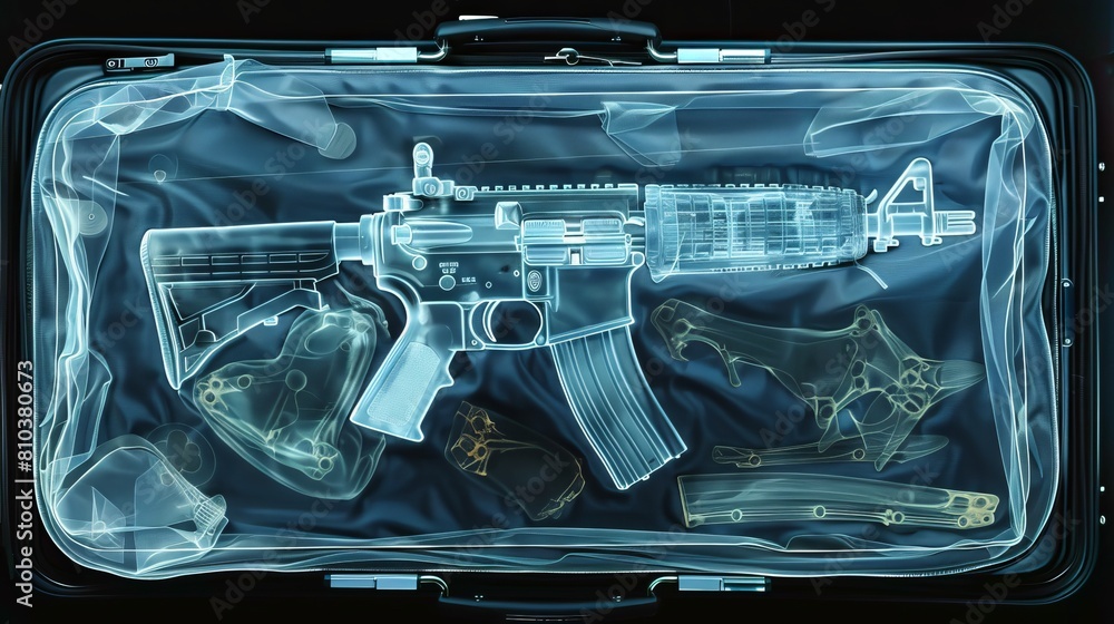 Detailed X-ray image of a smuggled weapon hidden in a carry-on bag, as ...