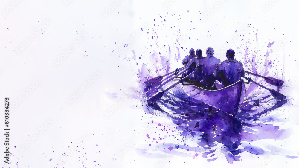 Purple watercolor paint of sport teamwork in rowing team in a boat game ...