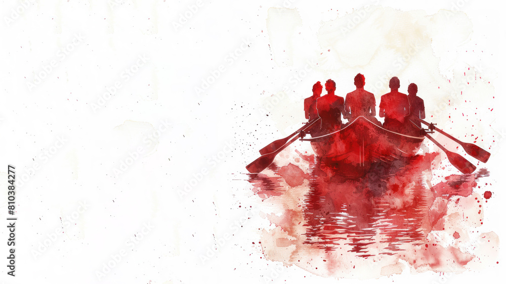 Red watercolor paint of sport teamwork in rowing team in a boat game ...