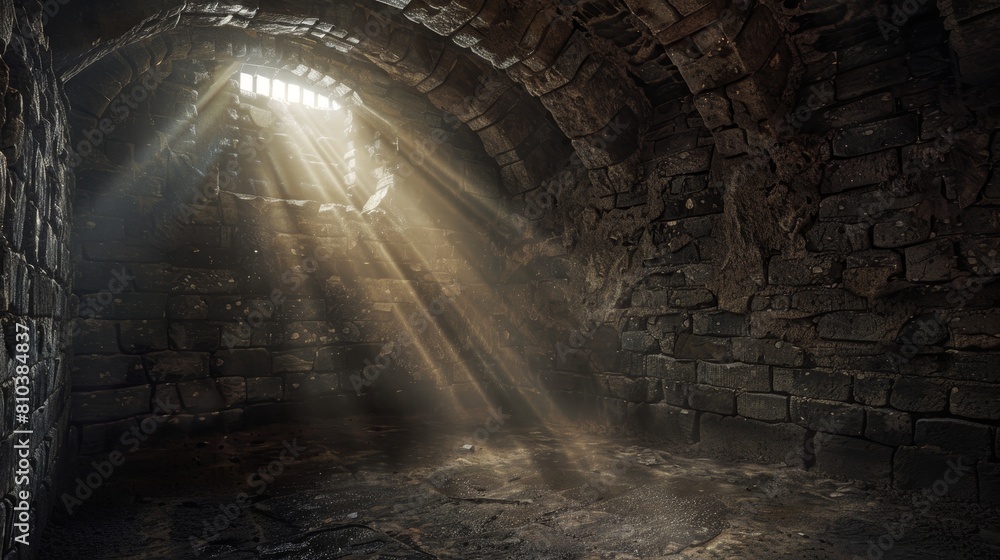 Intimate view of a medieval dungeon in a castle, where a beam of light ...