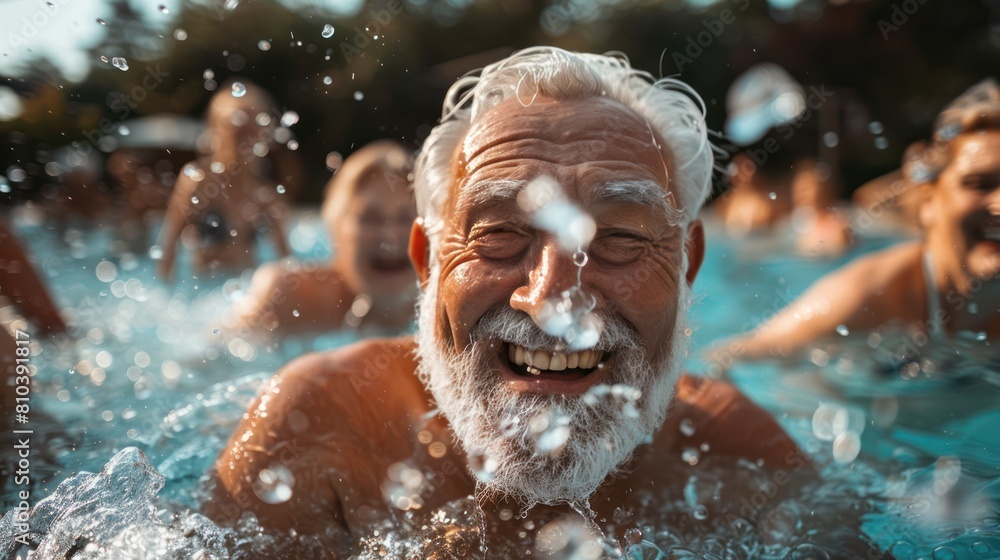 Seniors Enjoying Water Aerobics: Smiling Faces and Splashing Water ...