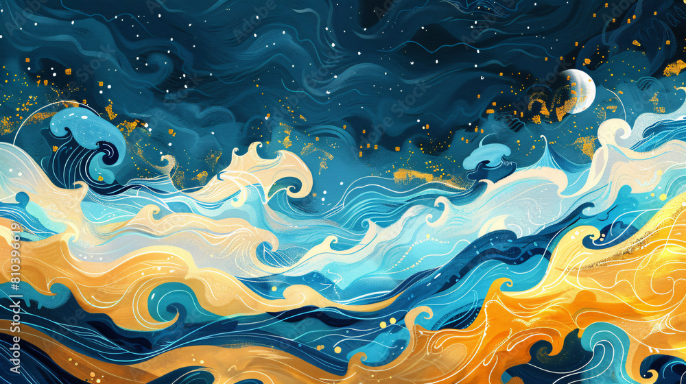 Magical ocean waves art painting. Unique blue and gold wavy swirls of ...