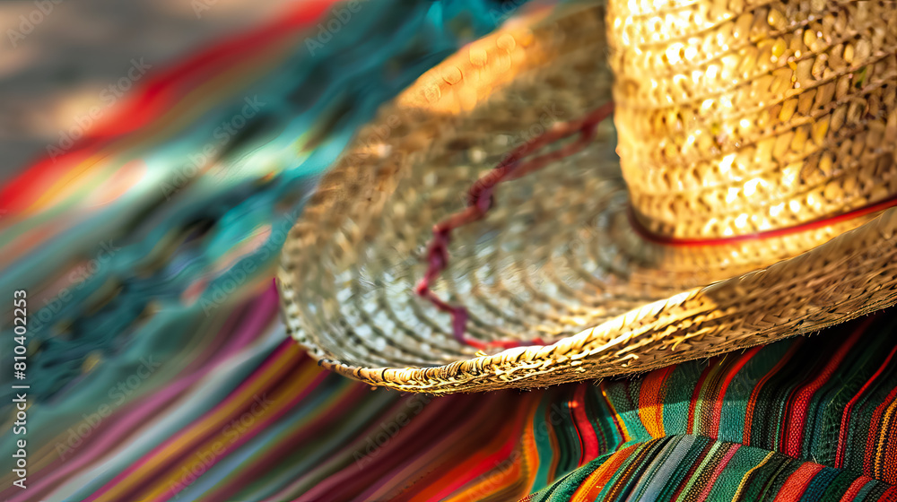 close up hat mexican sumbrero culture on sarape colorful shawl with ...