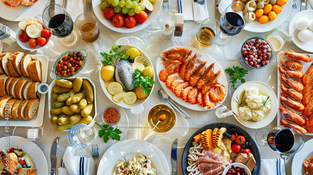 Full table of delicious European foods and drinks from top view, Happy ...