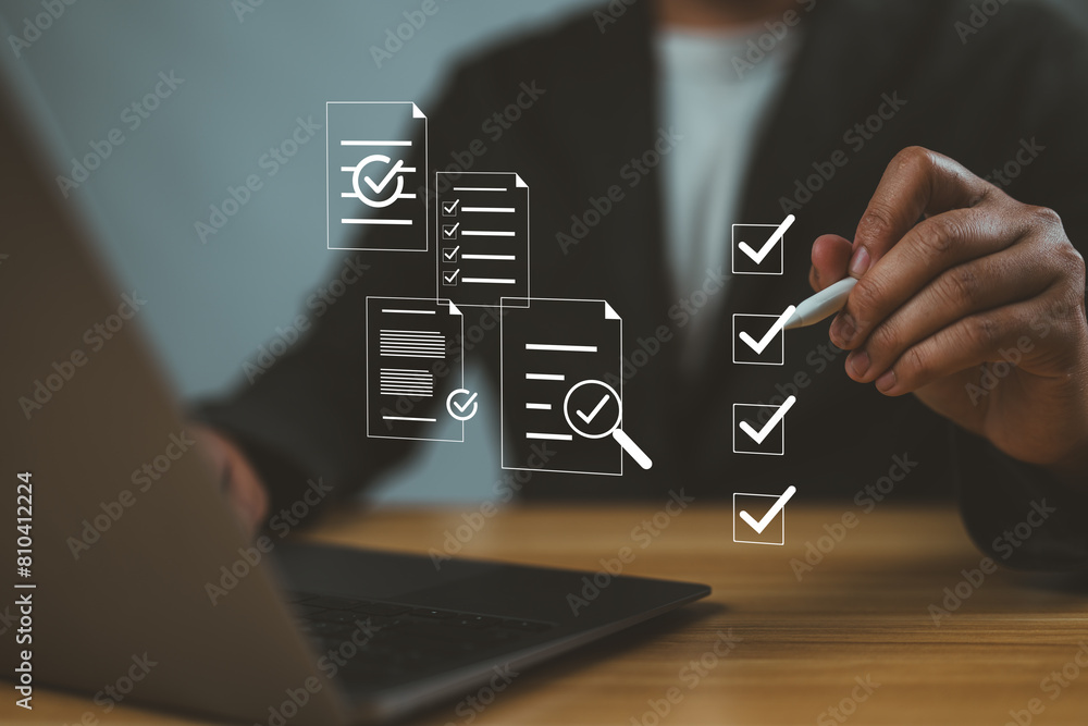 Checklist concept, Businessman mark checkboxes, Survey form, check ...