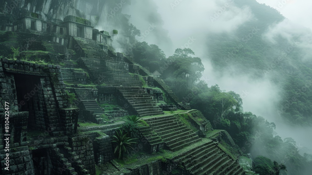 Remote mountain with ancient ruins and forgotten temples, mist ...
