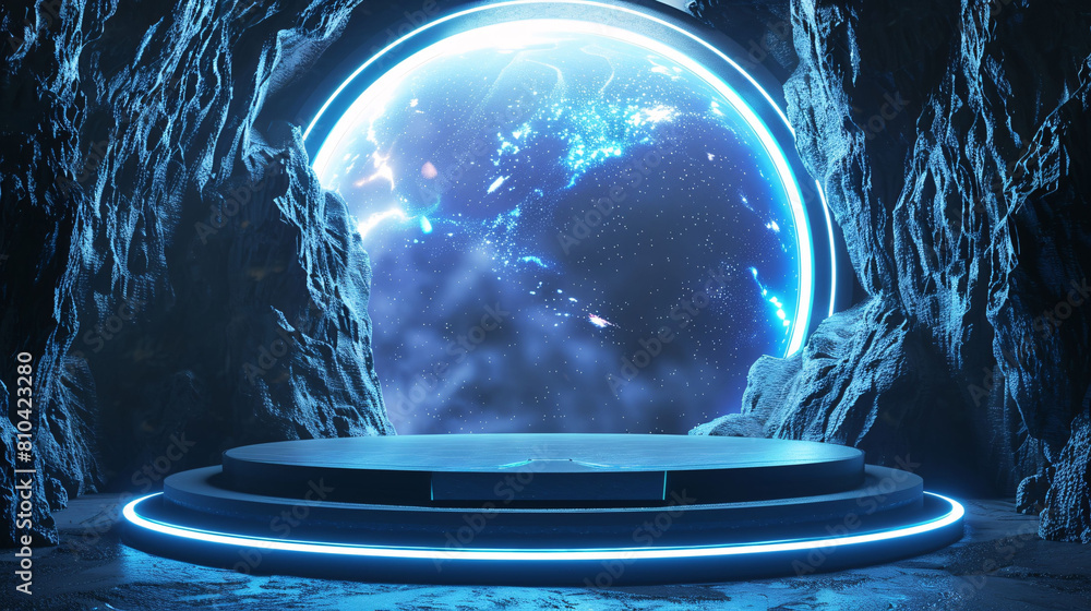 round podium with futuristic science space background with blue neon ...