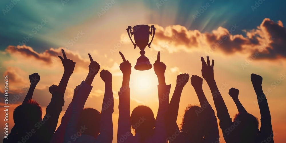 Success of teamwork. Winning team is holding trophy in hands ...